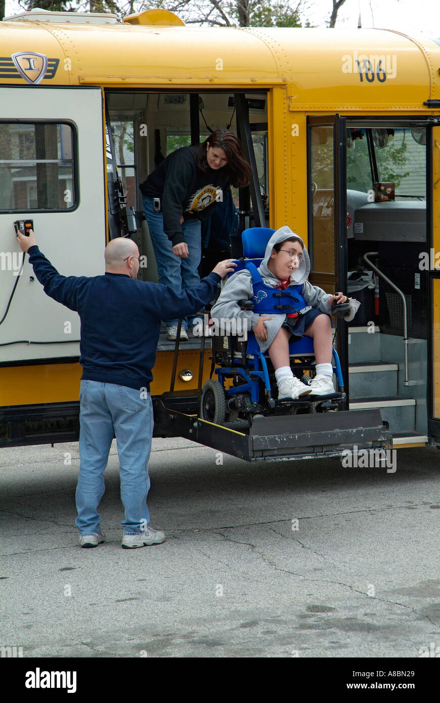 School busses lined up in front of middle school ready to transport ...
