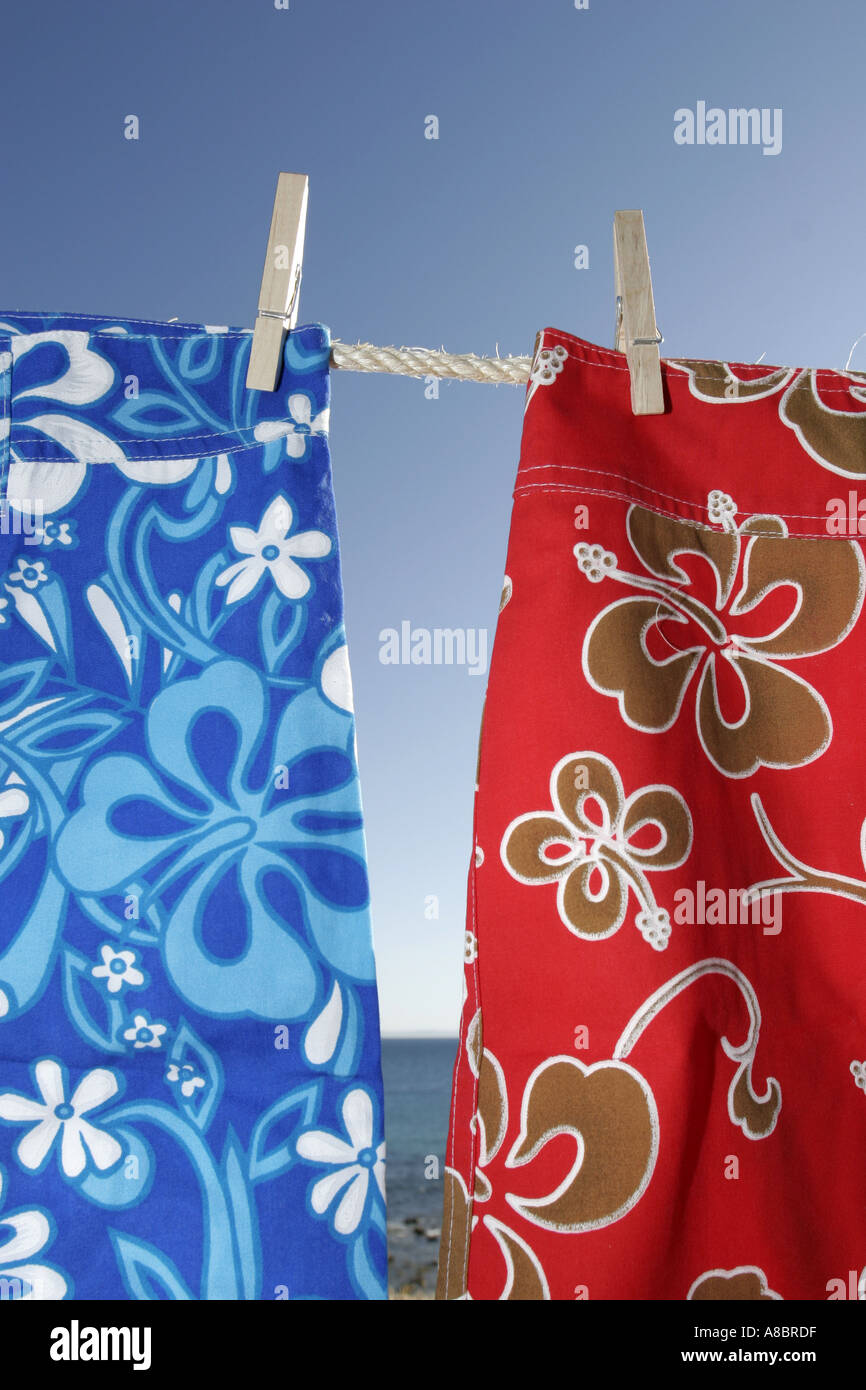 swim suits hanging off clothes line with blue sky background Stock ...