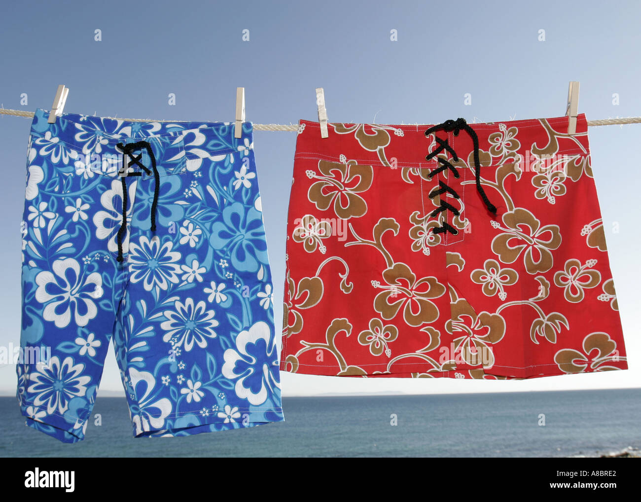swim suits hanging off clothes line with blue sky background Stock ...