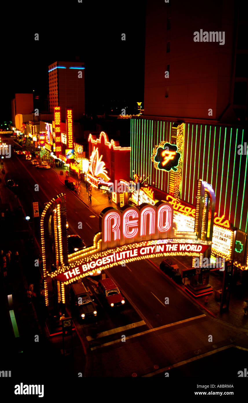 Nevada Reno noted sign on Virginia Street downtown at night Stock Photo ...