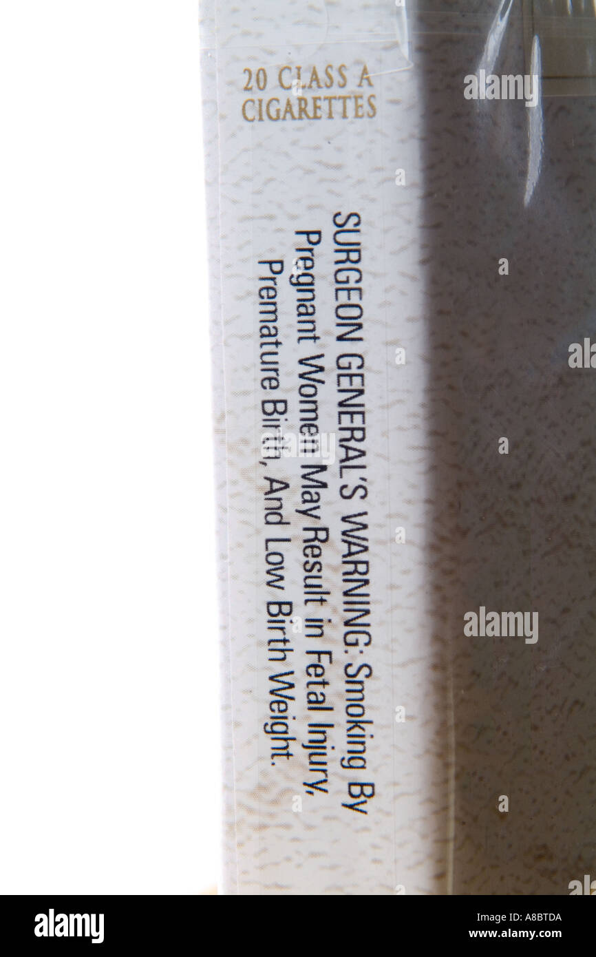Required warning label on side of package of cigarettes Stock Photo - Alamy