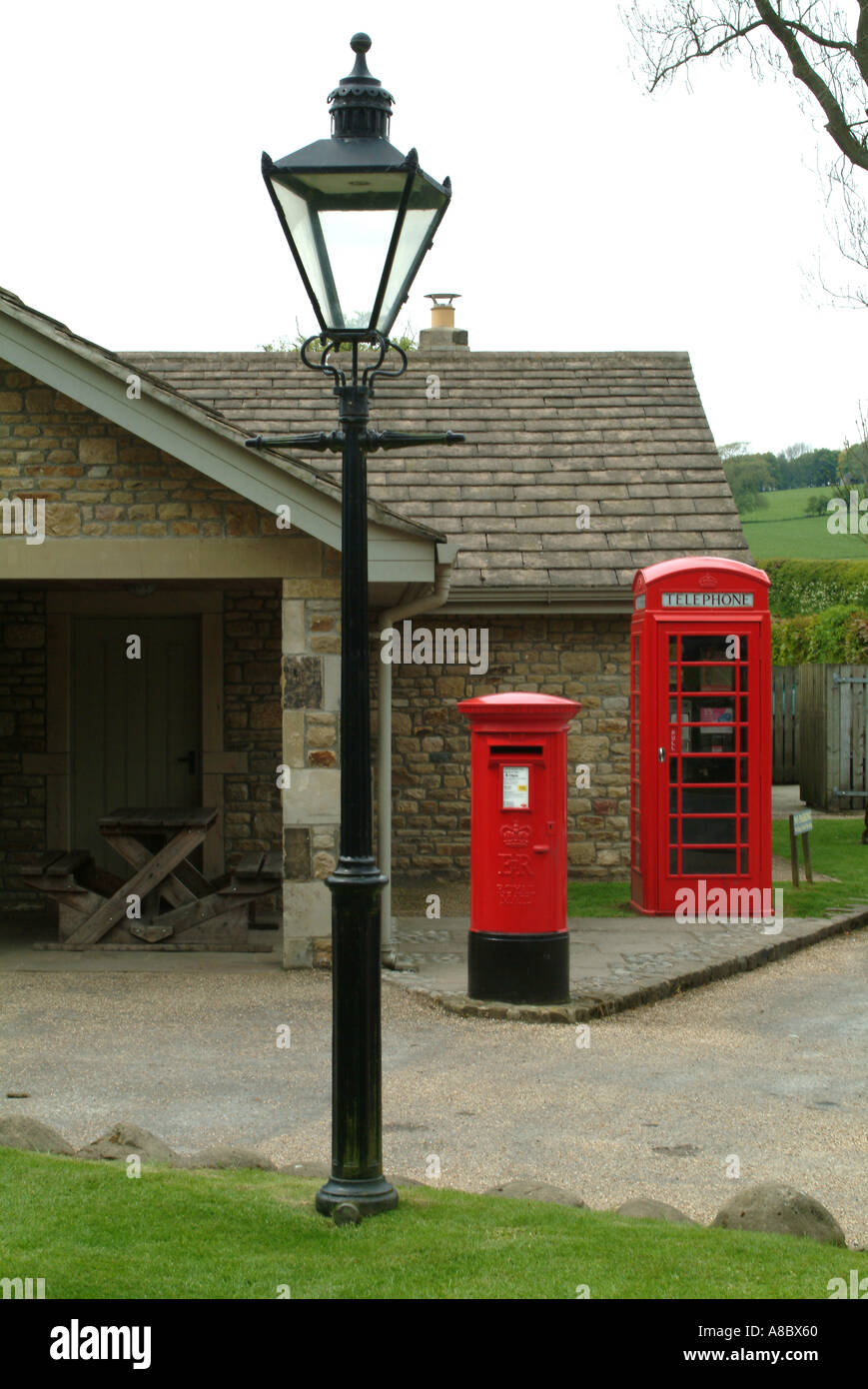 Old Lamp Post Red Telephone and Post Boxes at Bolton Abbey near Skipton ...