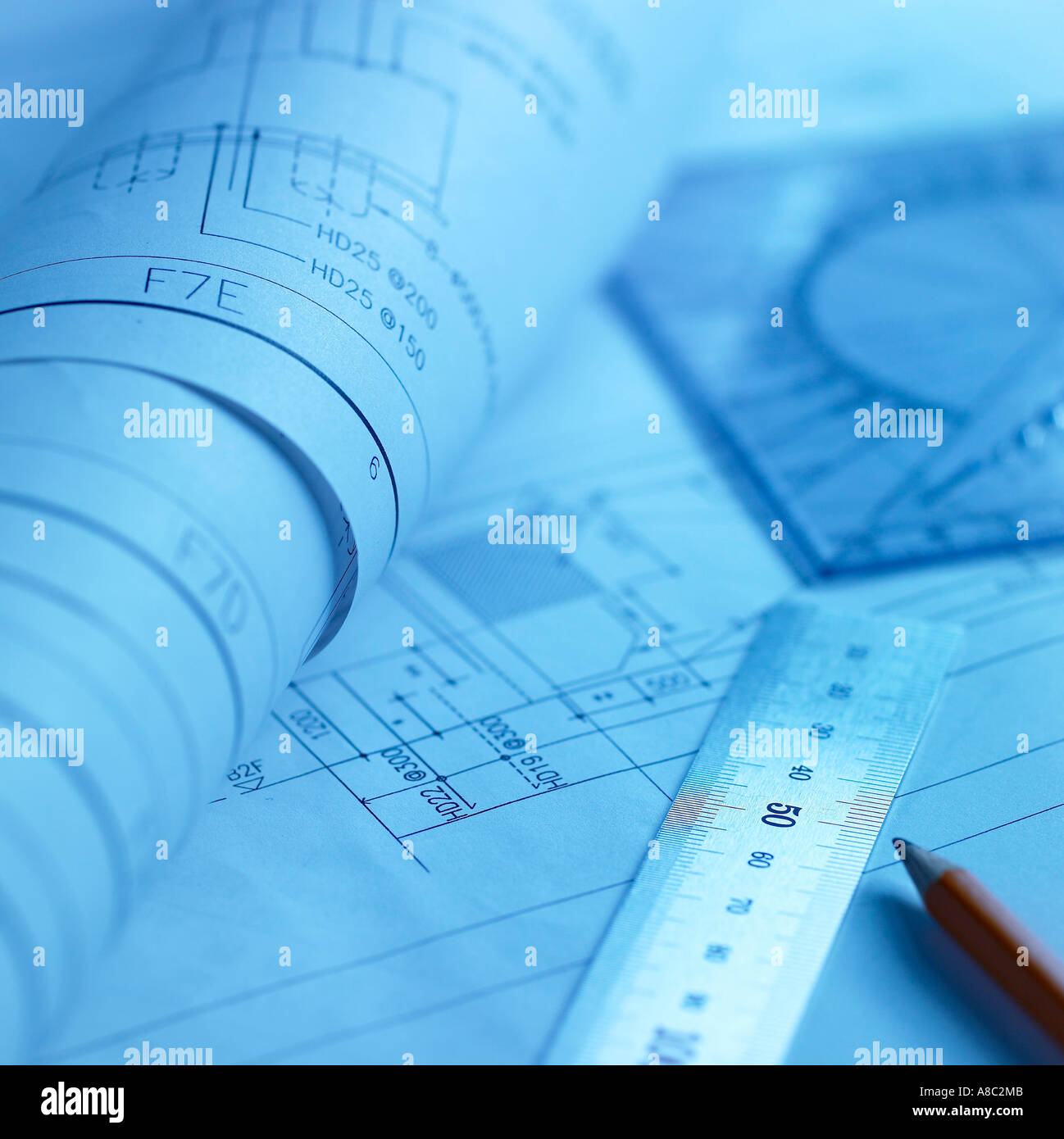construction a plan and construction tools on a desk Stock Photo - Alamy