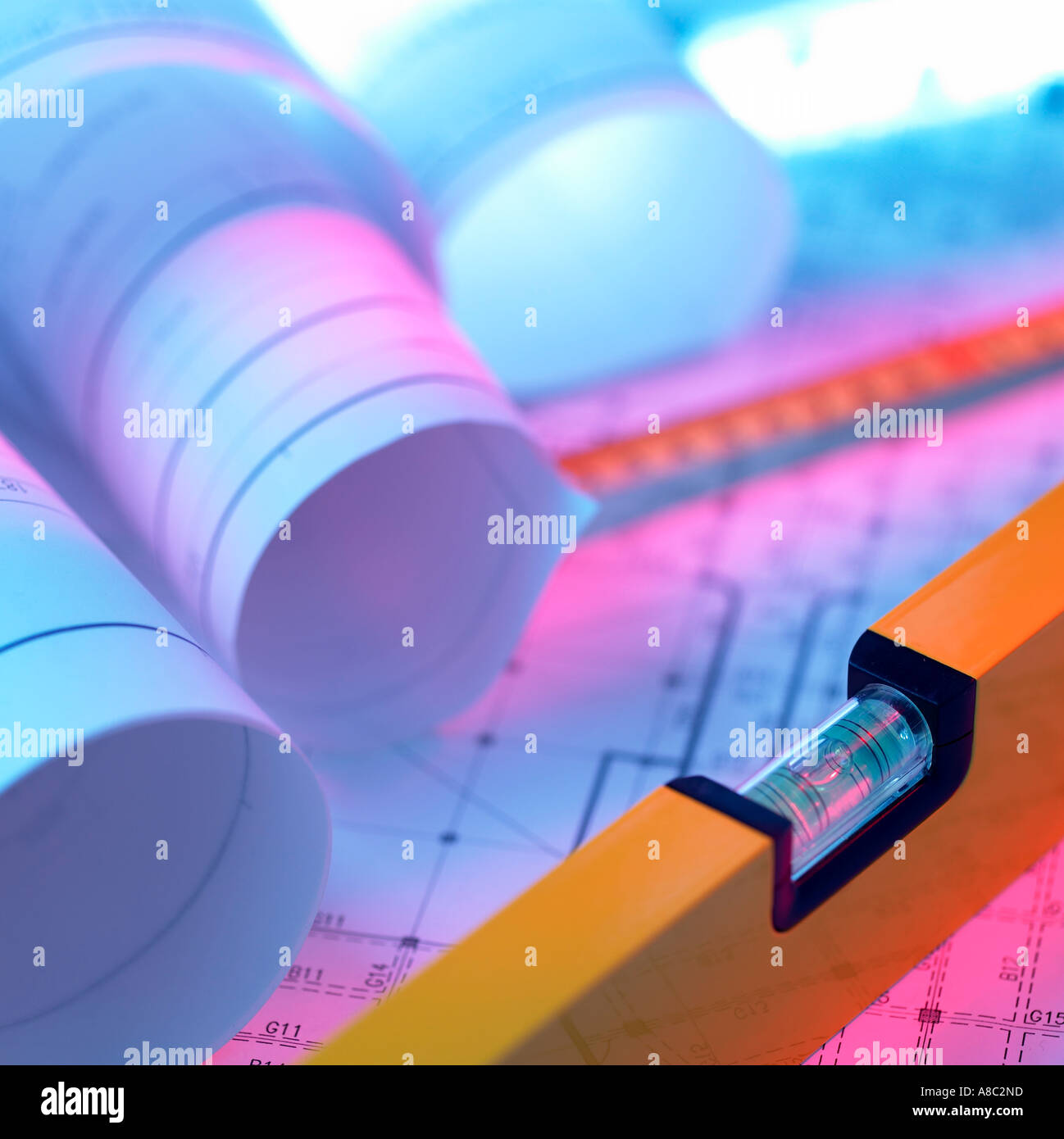 construction a plan and construction tools on a desk Stock Photo - Alamy