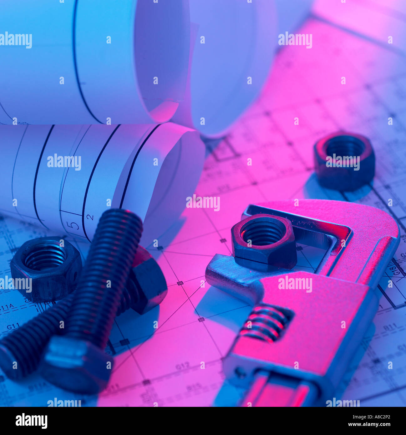 construction a plan and construction tools on a desk Stock Photo - Alamy