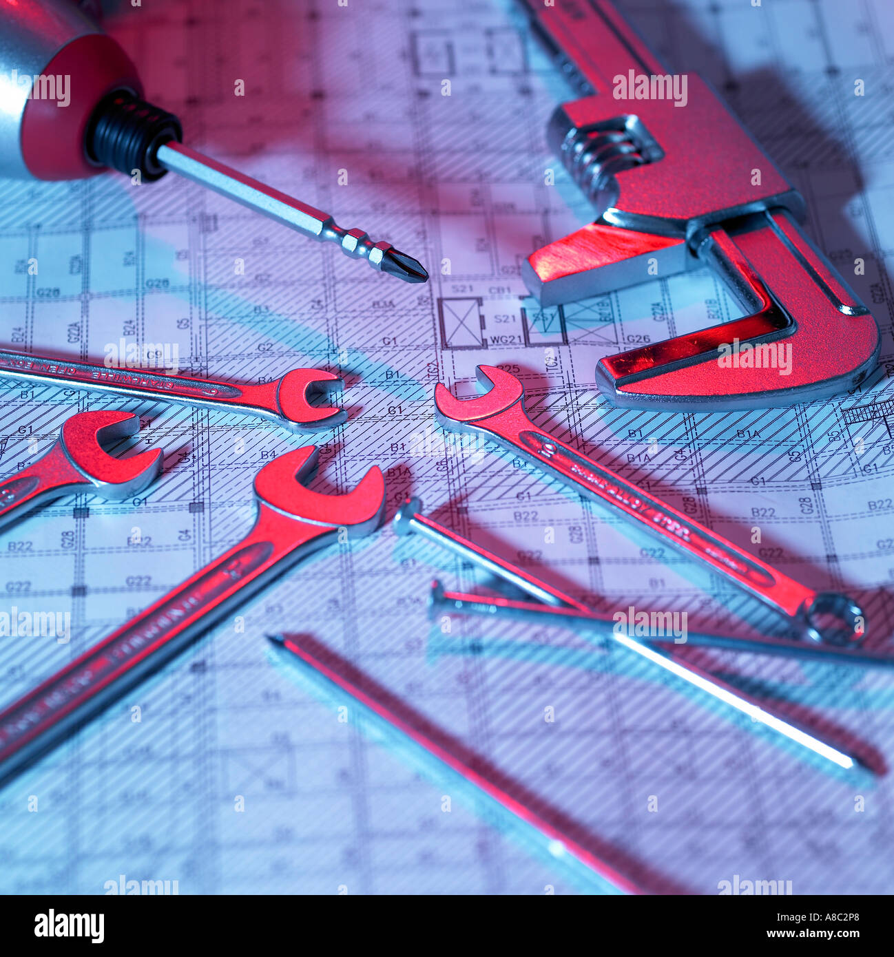 construction a plan and construction tools on a desk Stock Photo - Alamy