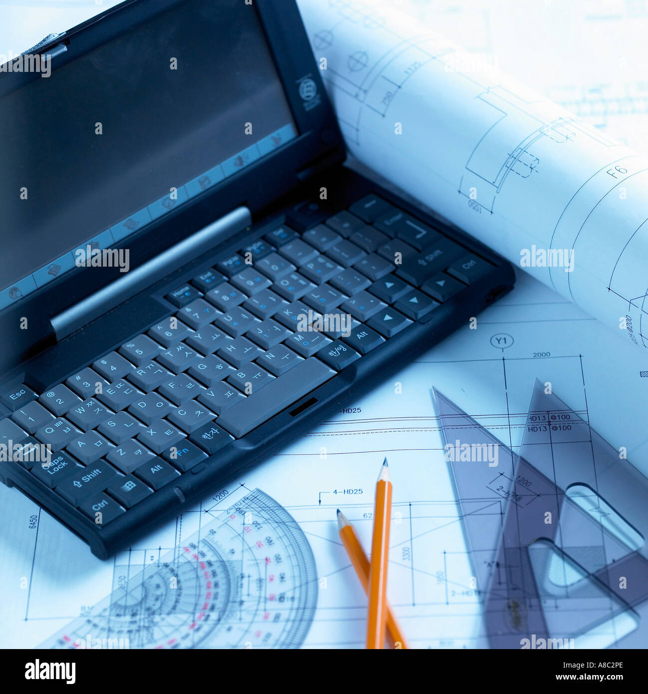 construction a notebook a plan and construction tools on a desk Stock ...