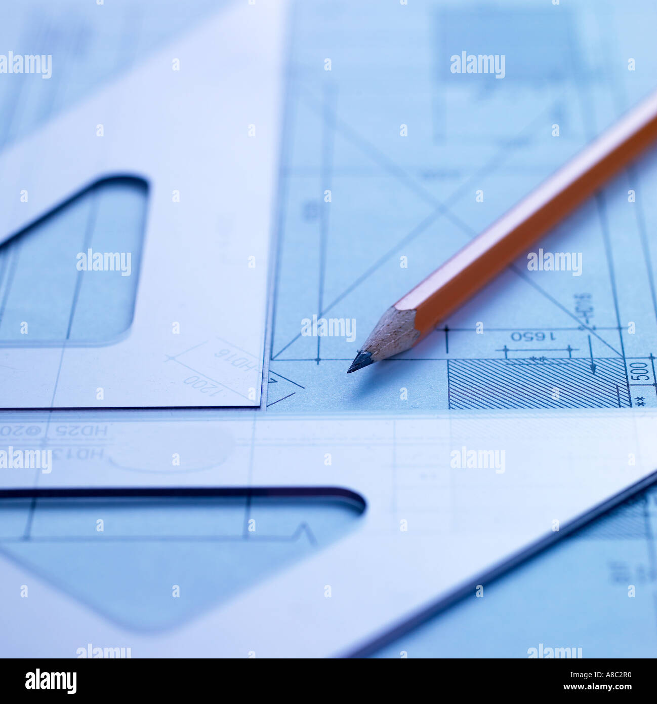construction a plan and construction tools on a desk Stock Photo - Alamy