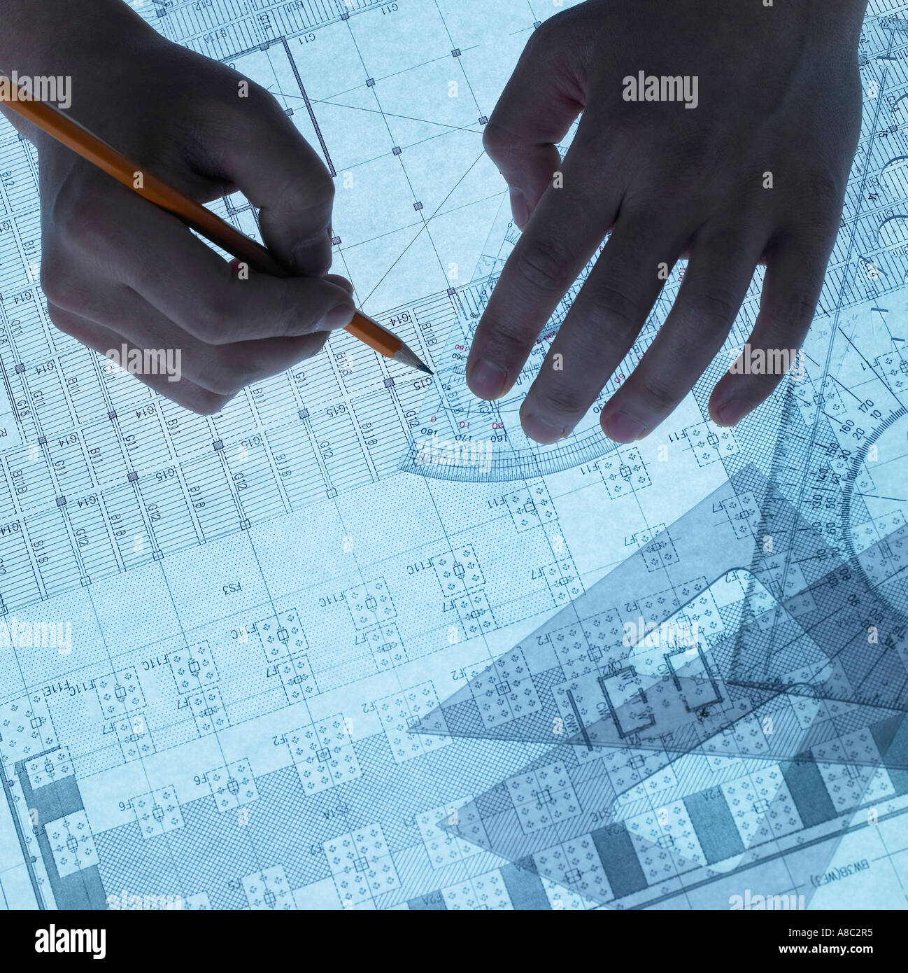 construction a worker s hand making a plan Stock Photo - Alamy