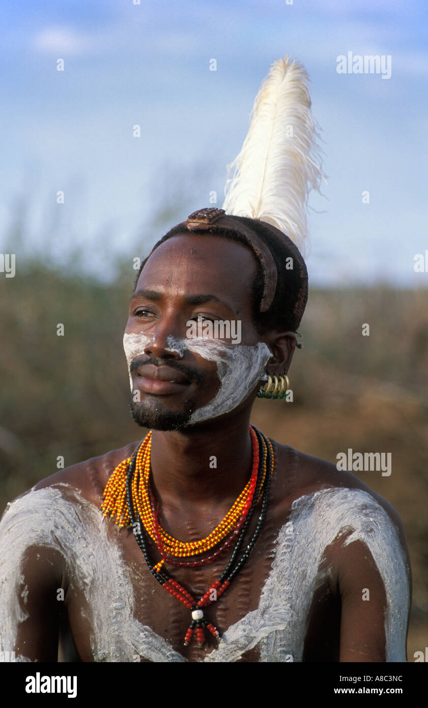 Hamer man with body painting and clay hair bun , Turmi , South Omo ...