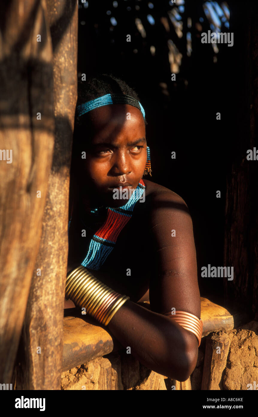 Hamer girl at her hut , Turmi , South Omo valley , Ethiopia Stock Photo ...