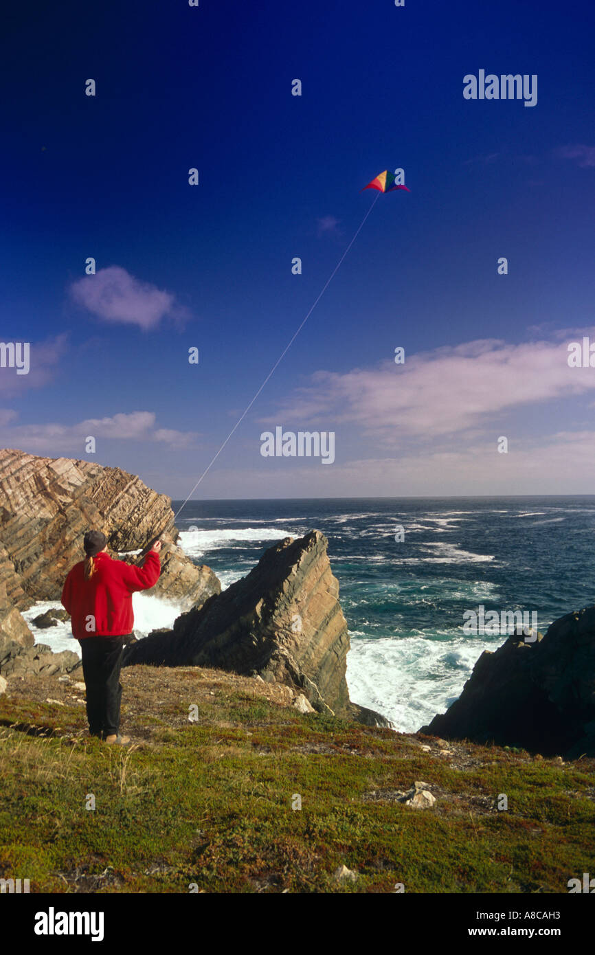 Woman flying kite on cliffs overlooking ocean Canada Stock Photo - Alamy