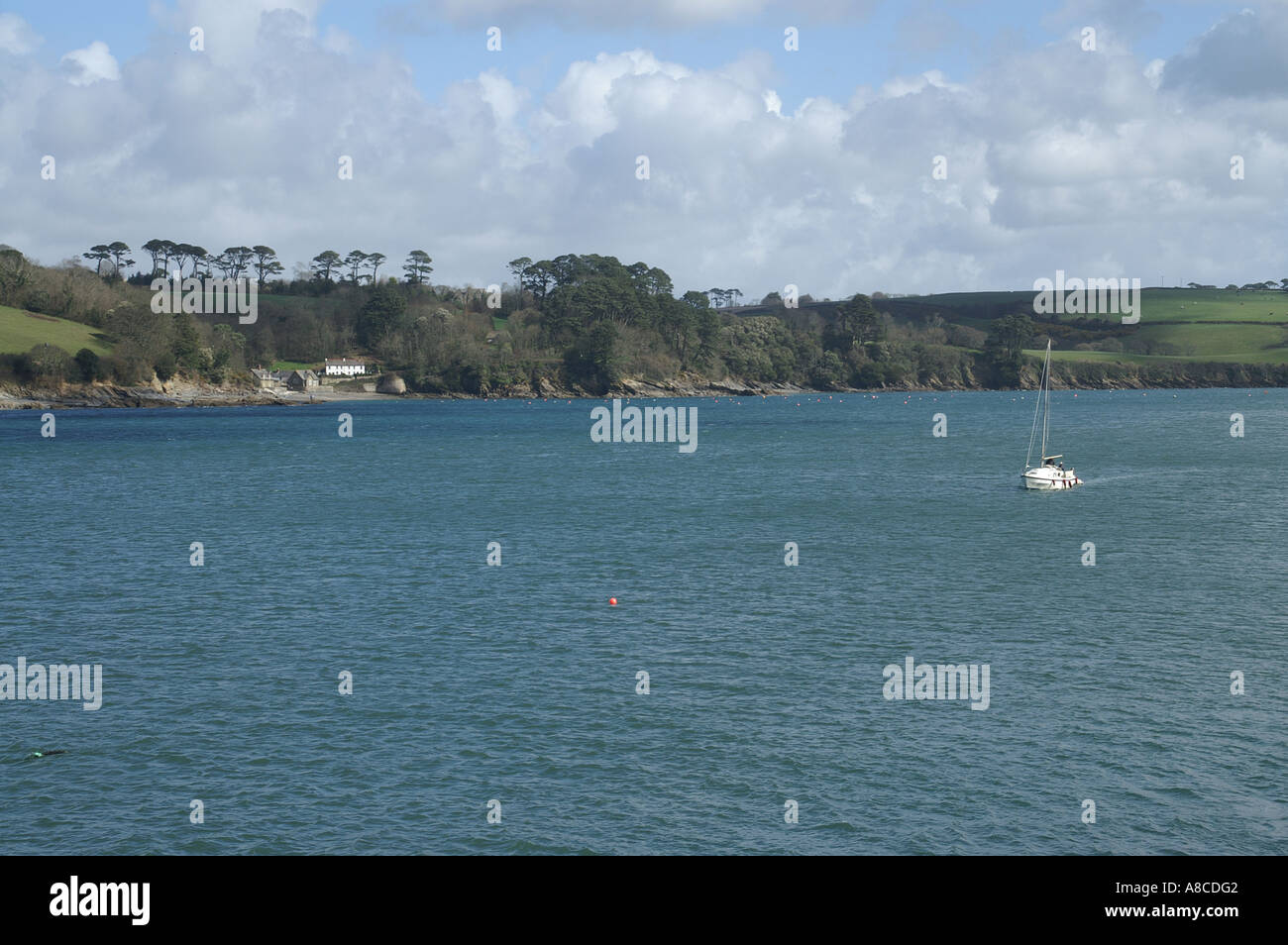 Yacht sailing up Helford river Cornwall England UK United Kingdom GB ...