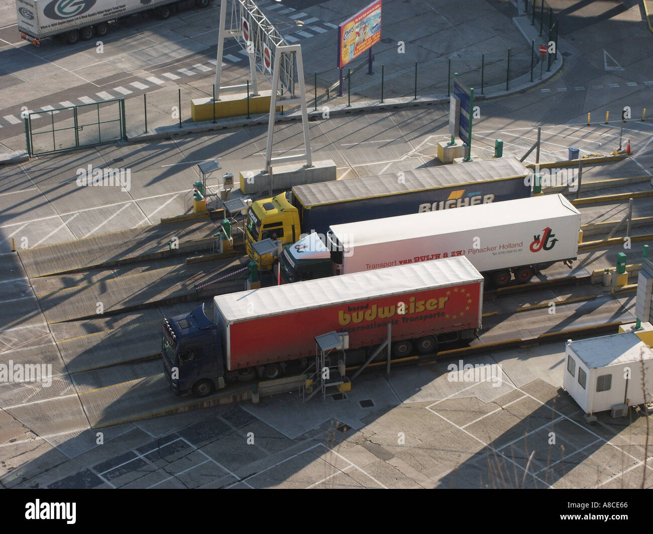 Aerial birds eye view from above looking down on Dover Docks port roads ...