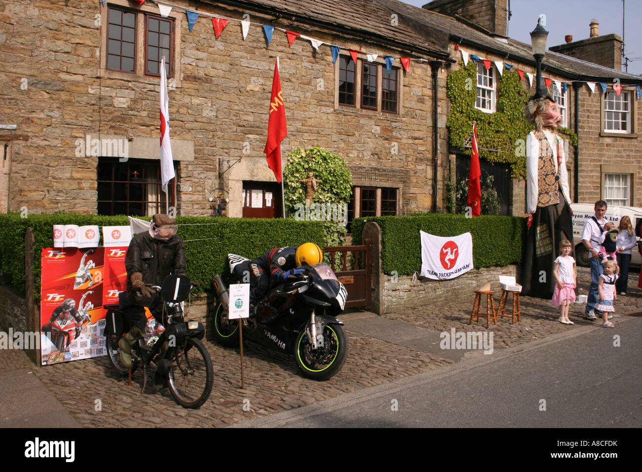 Assorted displays at Wray Scarecrow Festival, Lancashire showing models ...