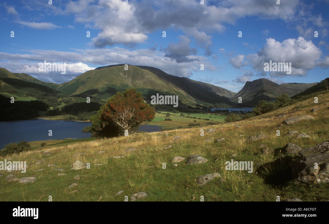 Near Scale Force waterfall looking out across Crummock Water in the ...