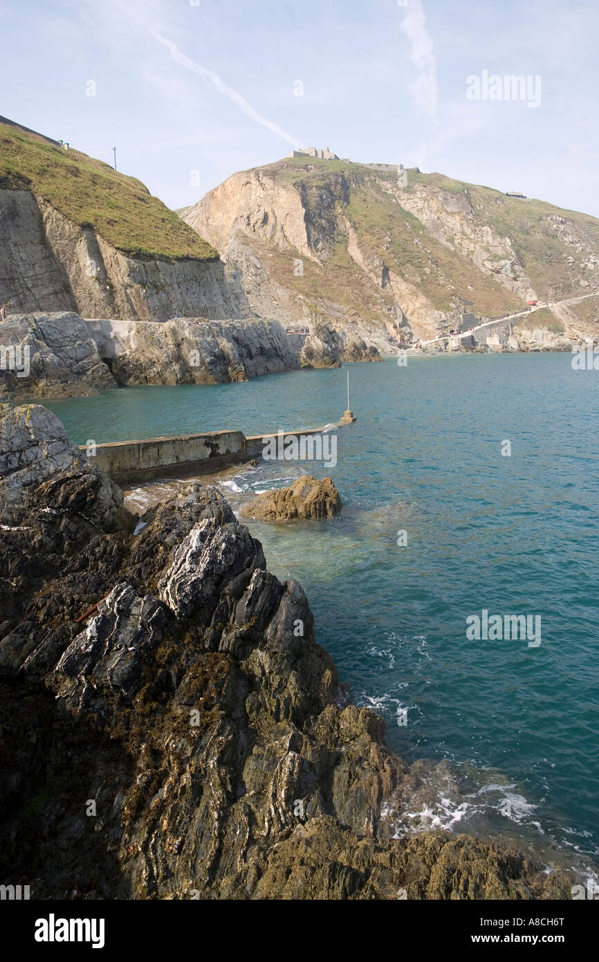 UK Lundy Island new road from landing beach to the village at high tide ...