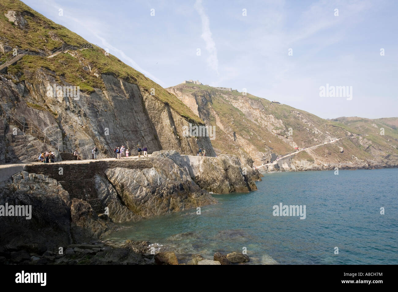 UK Lundy Island arriving visitors on new road from landing beach to the ...
