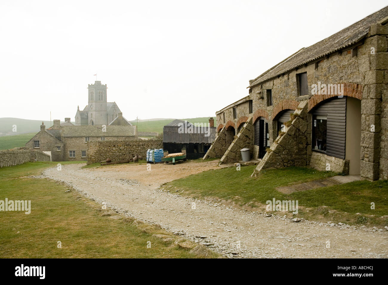 UK Lundy Island the village shop Marisco Tavern and St Helenas Church ...