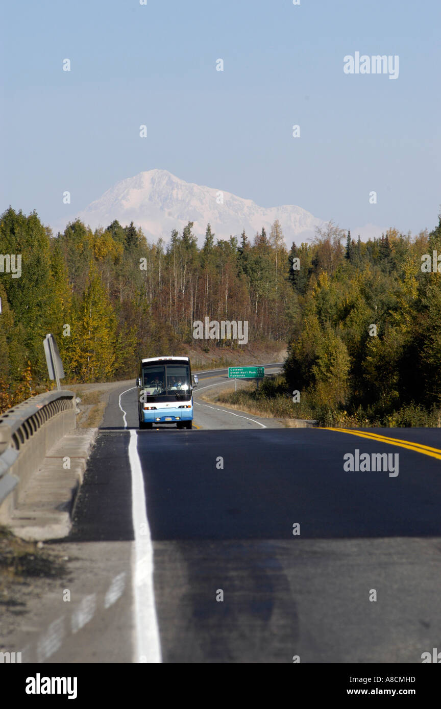 Freeway along the Parks Highway with Mount Denali in the distance ...