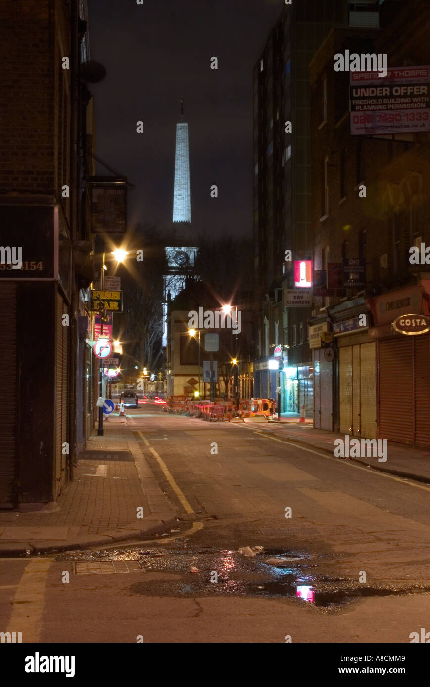 St Luke's spire seen from Whitecross Street at night. London, England ...