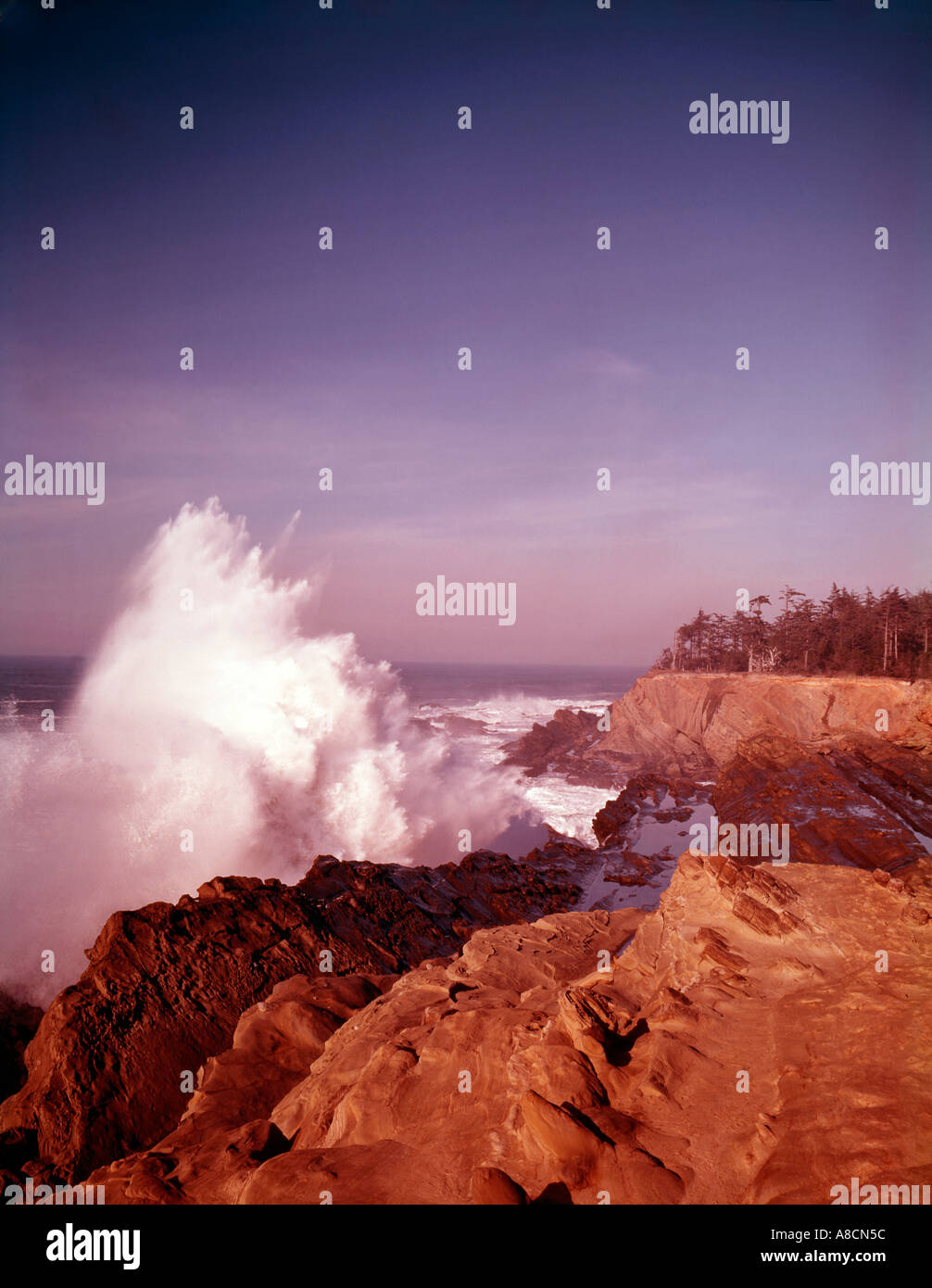 Big powerful Pacific Ocean surf crashes against the sandstone cliffs of ...