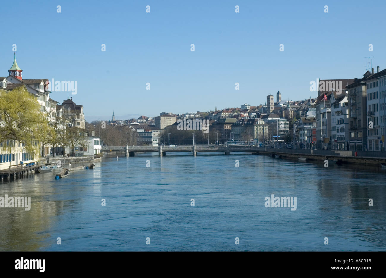 A scene from Limmat River in the beautiful city of Zurich in ...