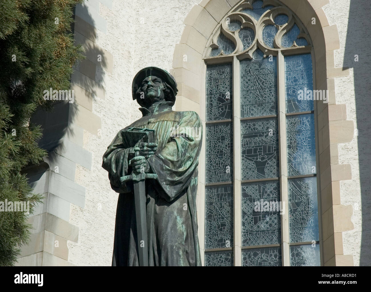 The statue of Ulrich Zwingli in the beautiful city of Zurich in ...