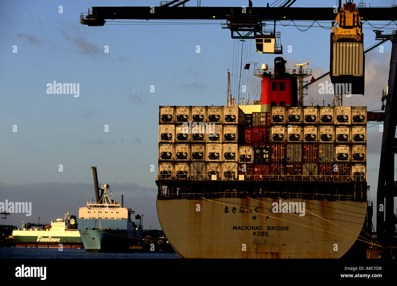 Container ship unloading at the Port of Felixstowe, Suffolk, UK Stock ...
