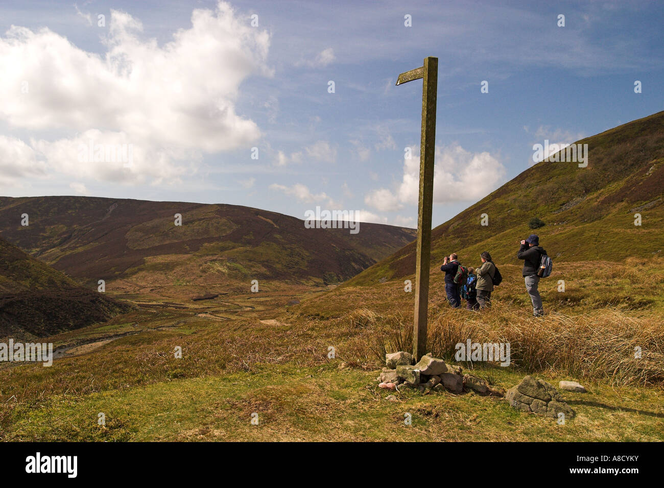 Footpath fingerpost & birdwatching walkers on the lookout for hen ...