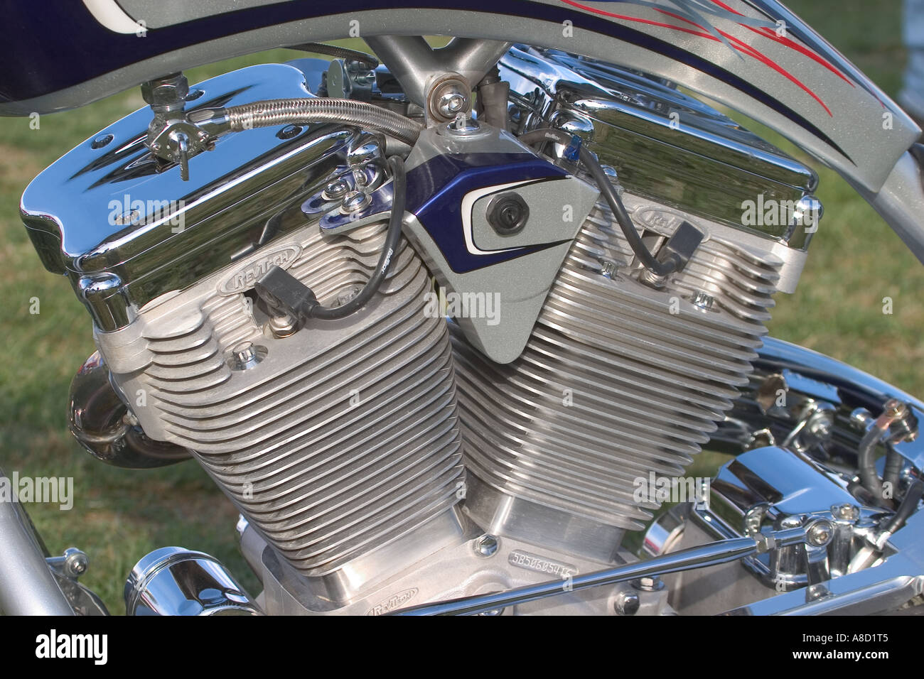 Custom motor cycle with a big motor shot close up Stock Photo - Alamy