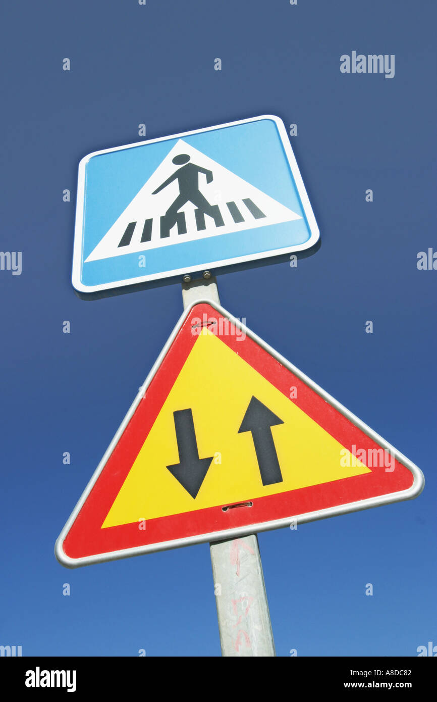 Pedestrian crossing and no two way traffic sign Stock Photo - Alamy
