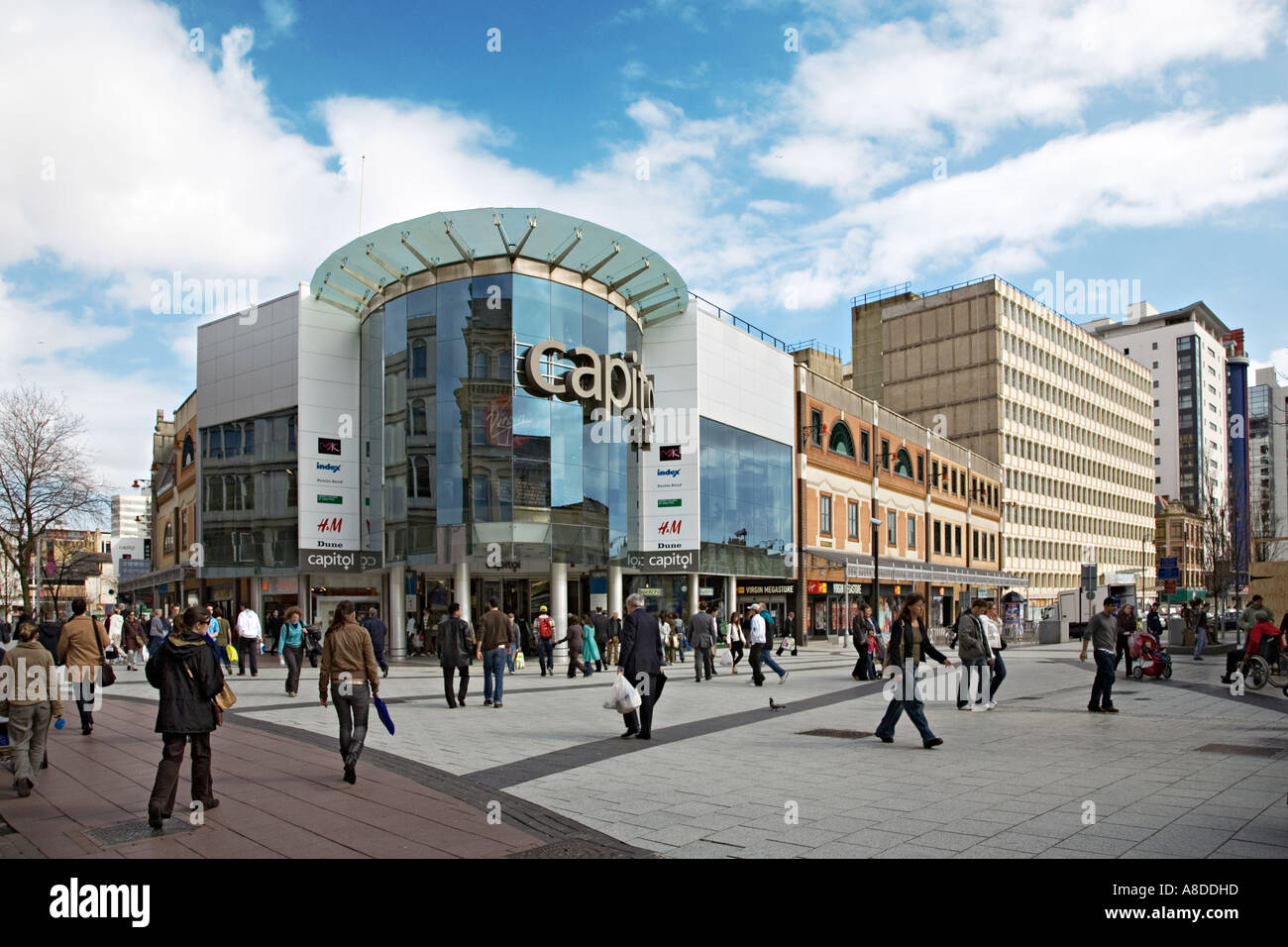 Shoppers in city street in front of the Capitol shopping centre Cardiff ...