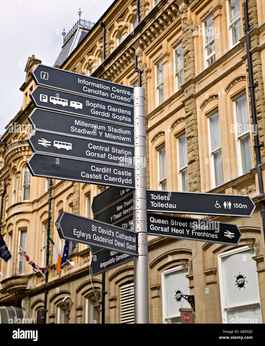 Bilingual Welsh and English public information signpost to tourist ...