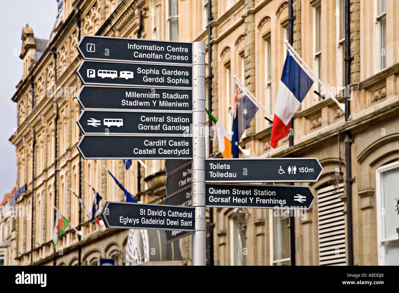 Bilingual Welsh and English public information signpost to tourist ...