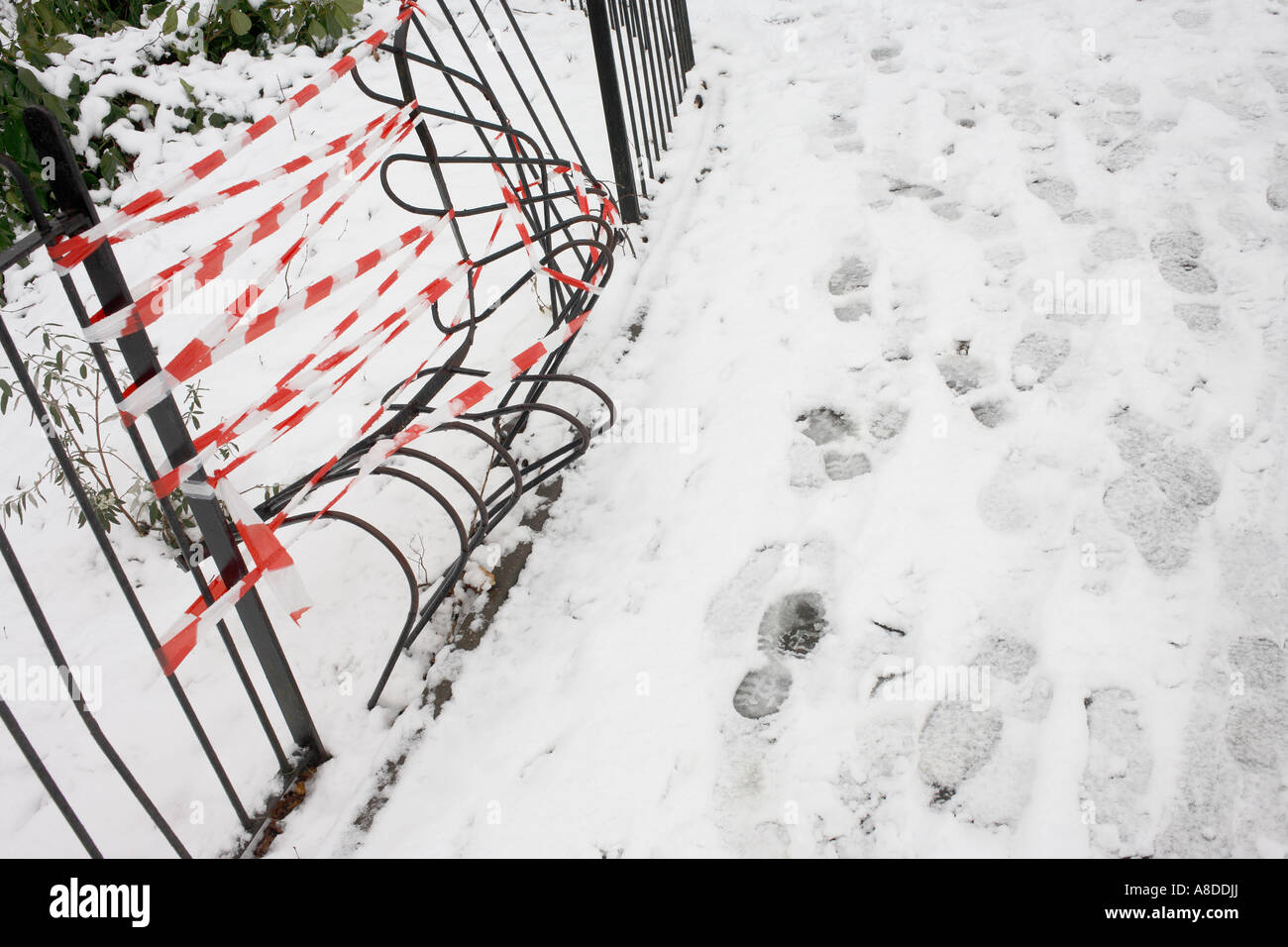 Council red tape blocks damaged railings after a previous storm next to ...