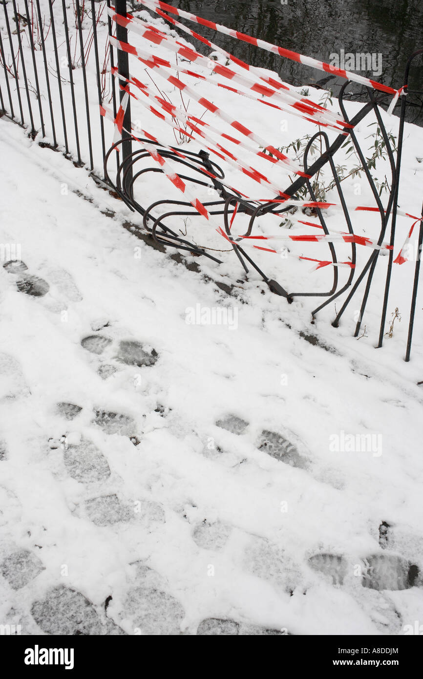 Council red tape blocks damaged railings after a previous storm next to ...