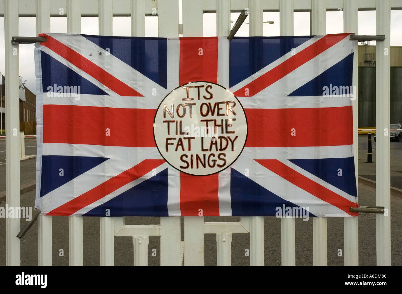 Banner and Union Jack flag attached to bars at the MG Rover Longbridge ...