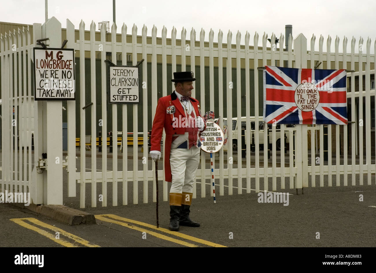 A protestor dressed as John Bull protests at the gates of the ...