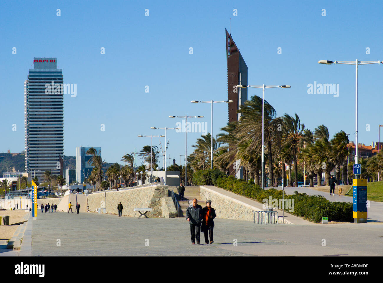 Barcelona modern architecture on the seafront route marked by one of ...