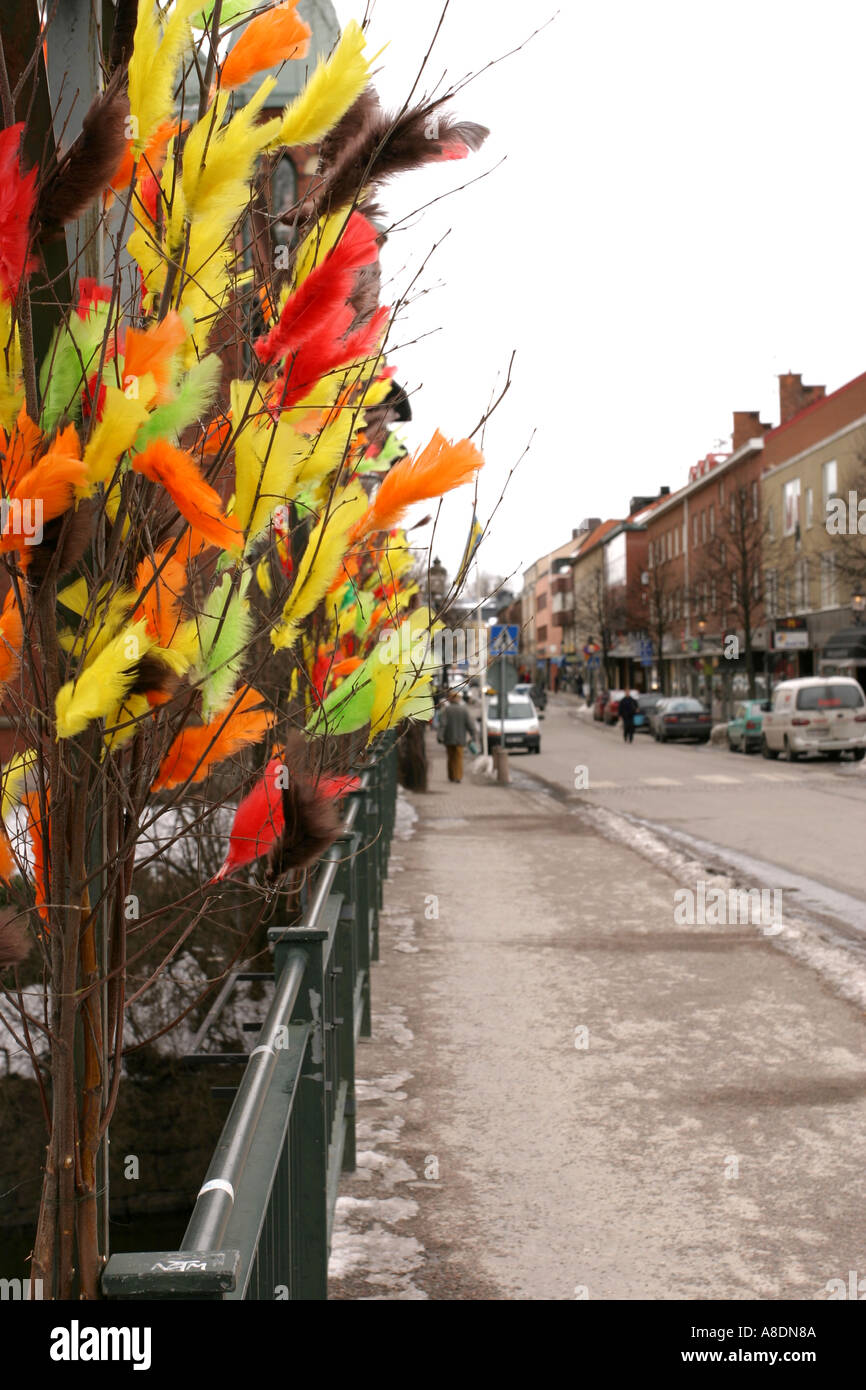 Coloured feathers as a traditional easter decoration, Nyköping, Sweden ...