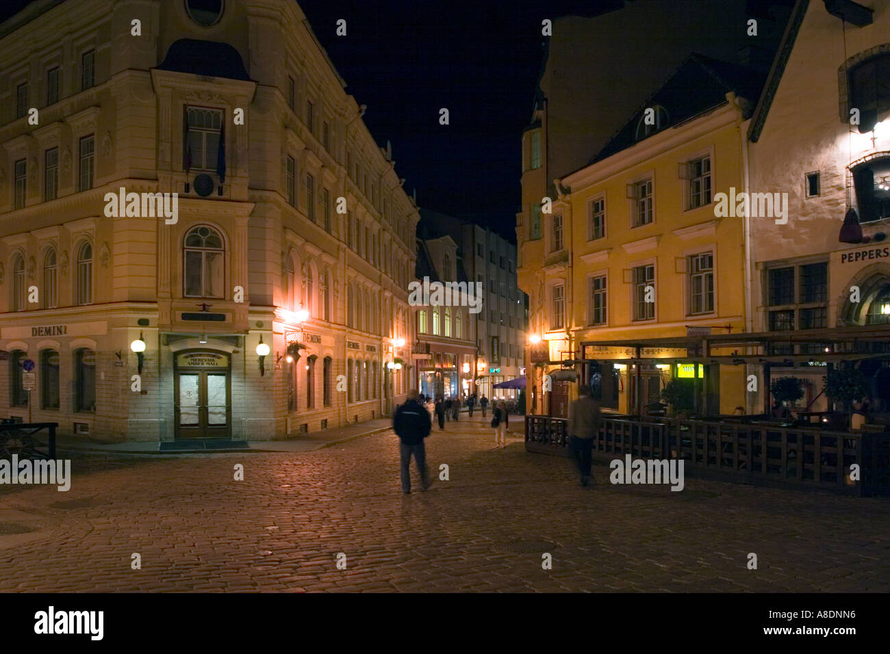 Scene at Viru Street just off Town Hall Square at night Tallinn Estonia ...