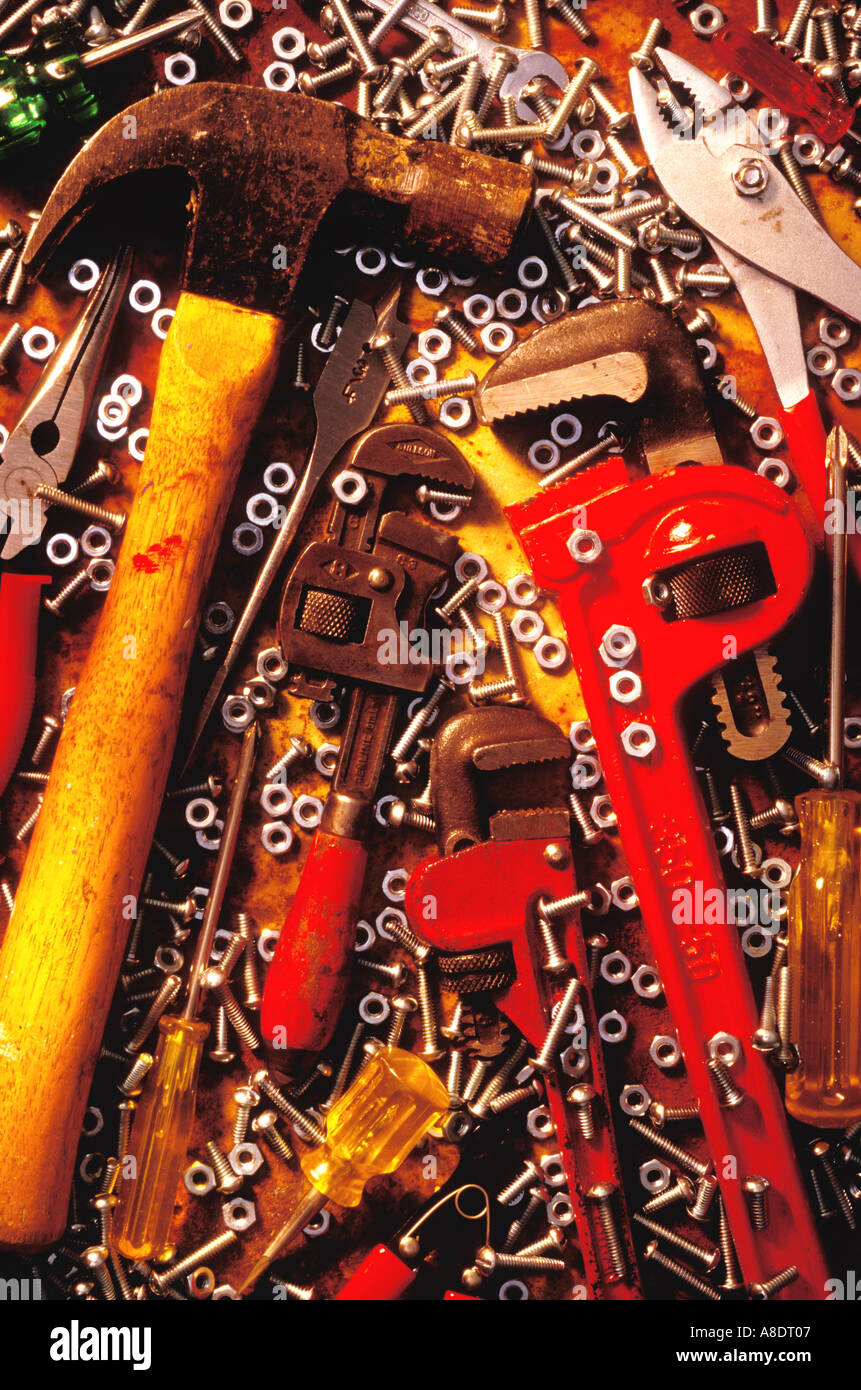 Tools with nuts and screws Stock Photo - Alamy