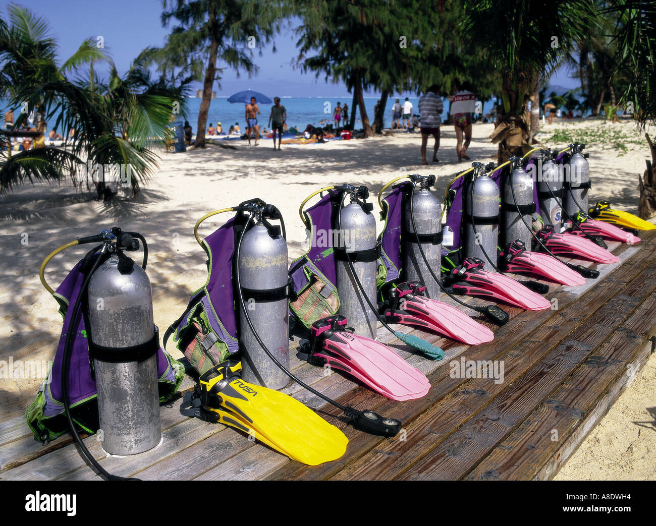 Scuba diving oxygen bottles on beach, Guam Micronesia Stock Photo - Alamy