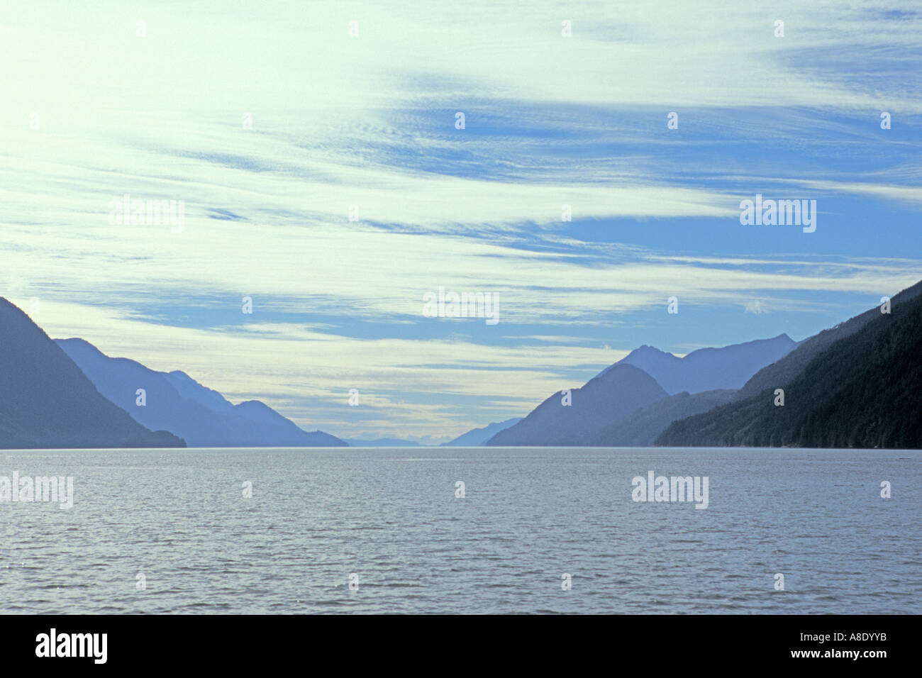 View west along "Knight Inlet" BC Canada from mouth of Glendale Cove ...