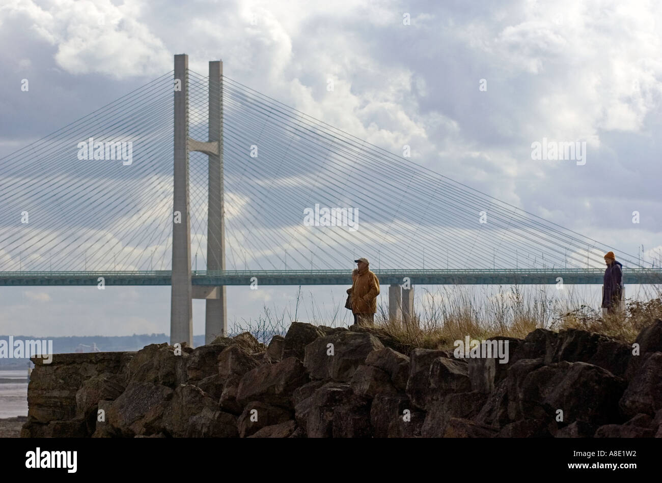 Tourists at the site of the old Aust ferry terminal with the second ...