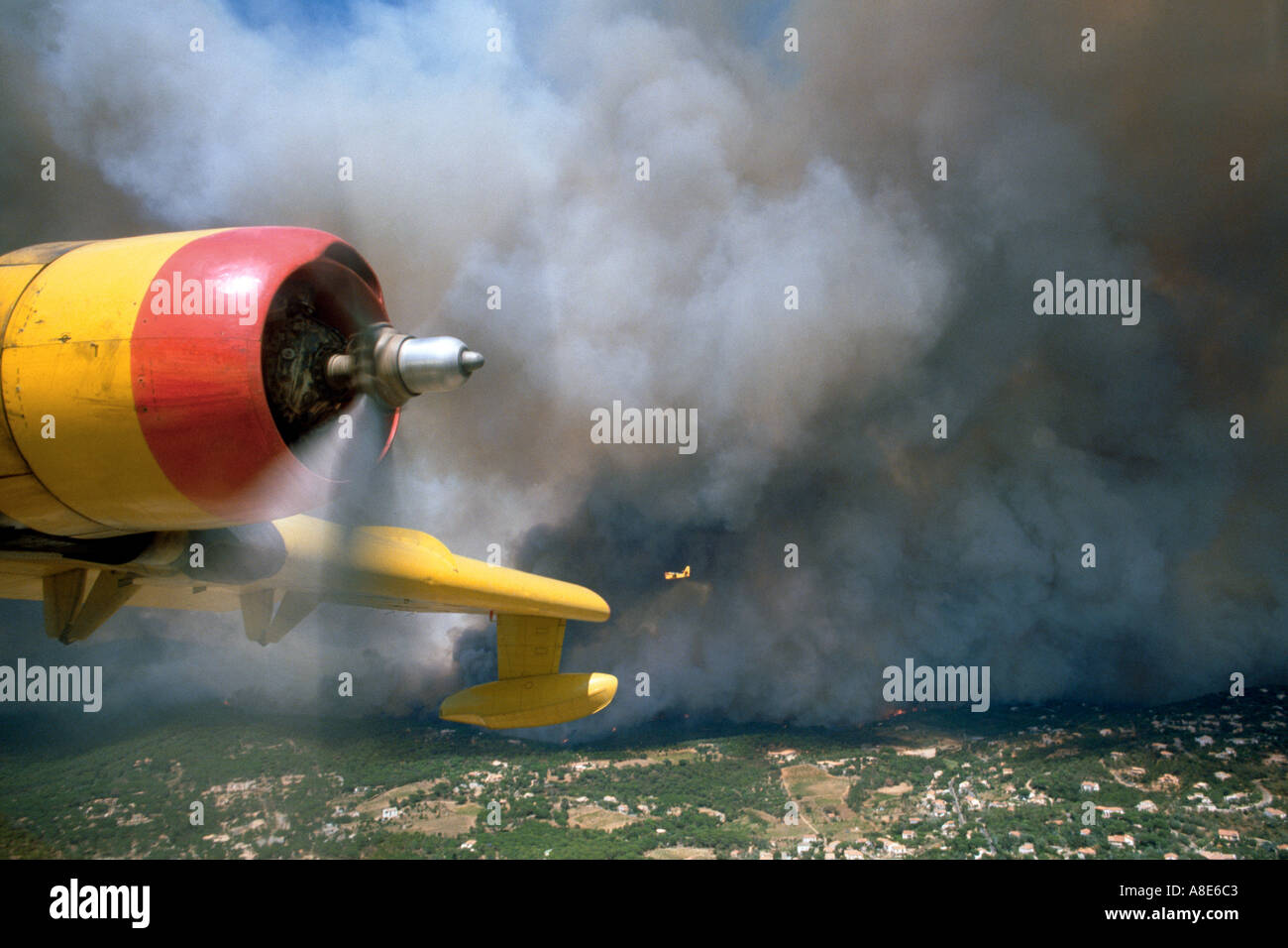 Canadair firefighting water bomber airplane's engine and aerial view of ...