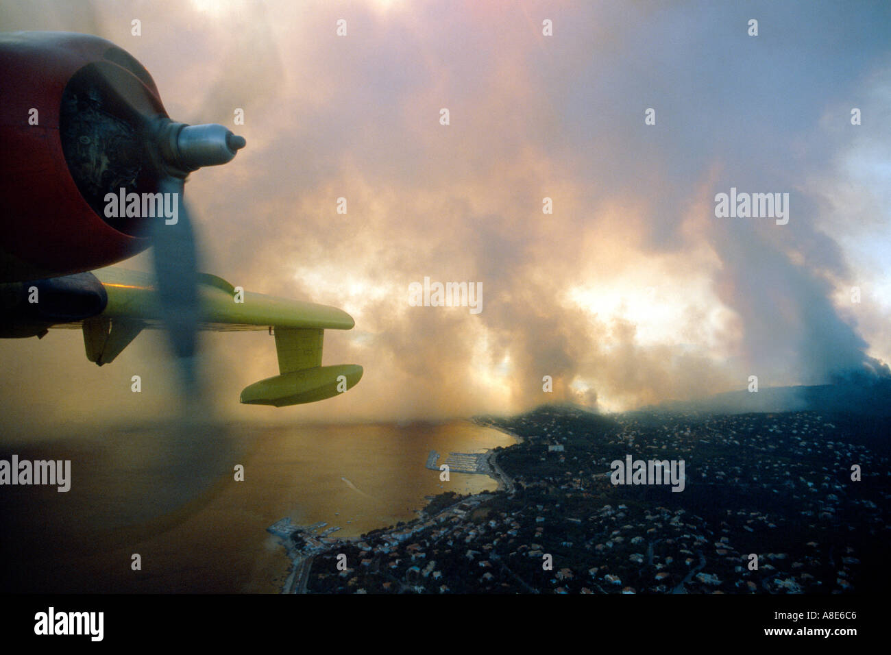 Canadair firefighting water bomber airplane's engine, aerial view ...