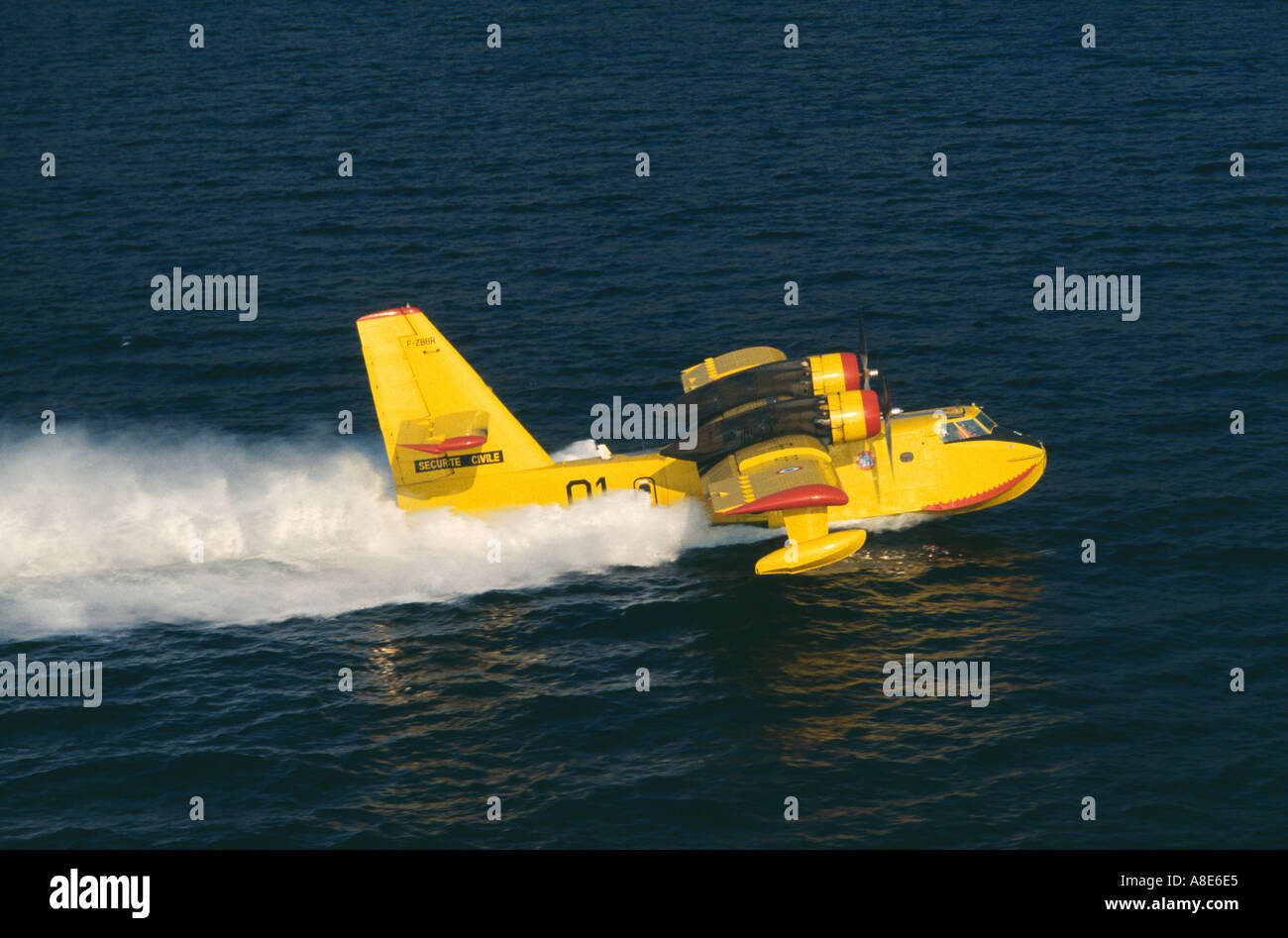 Aerial view of a Canadair firefighting water bomber airplane scooping ...