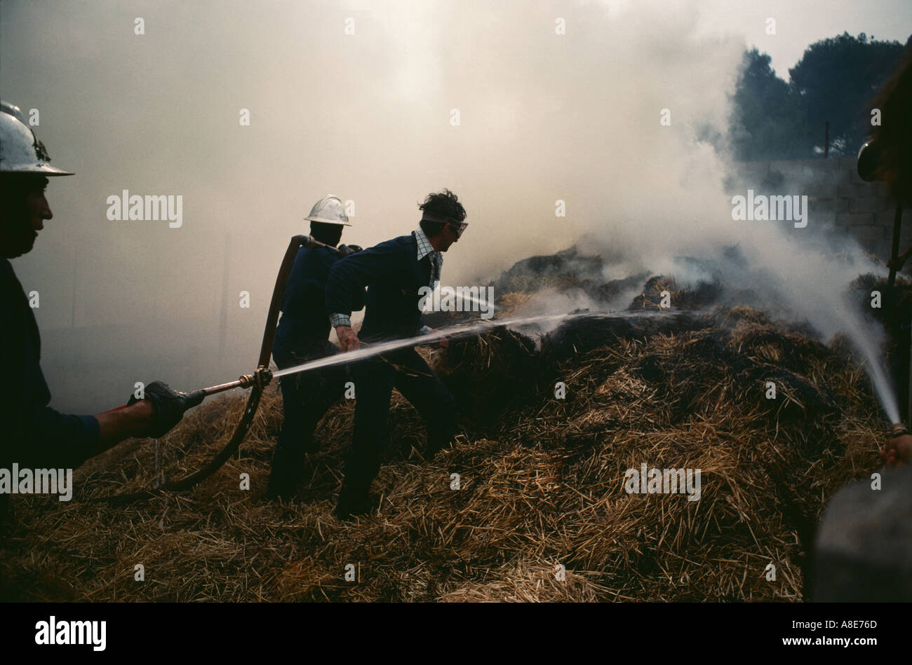 Firemen and farmer fighting a wildfire, fire hoses, forest fire smoke ...